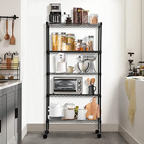 Dkeli 5 Tier Wire Shelving with Wheels, 14"x30"x60" Storage Shelves NSF Heavy Duty Adjustable Utility Rolling Steel Garage Shelving Metal Storage Rack, Black