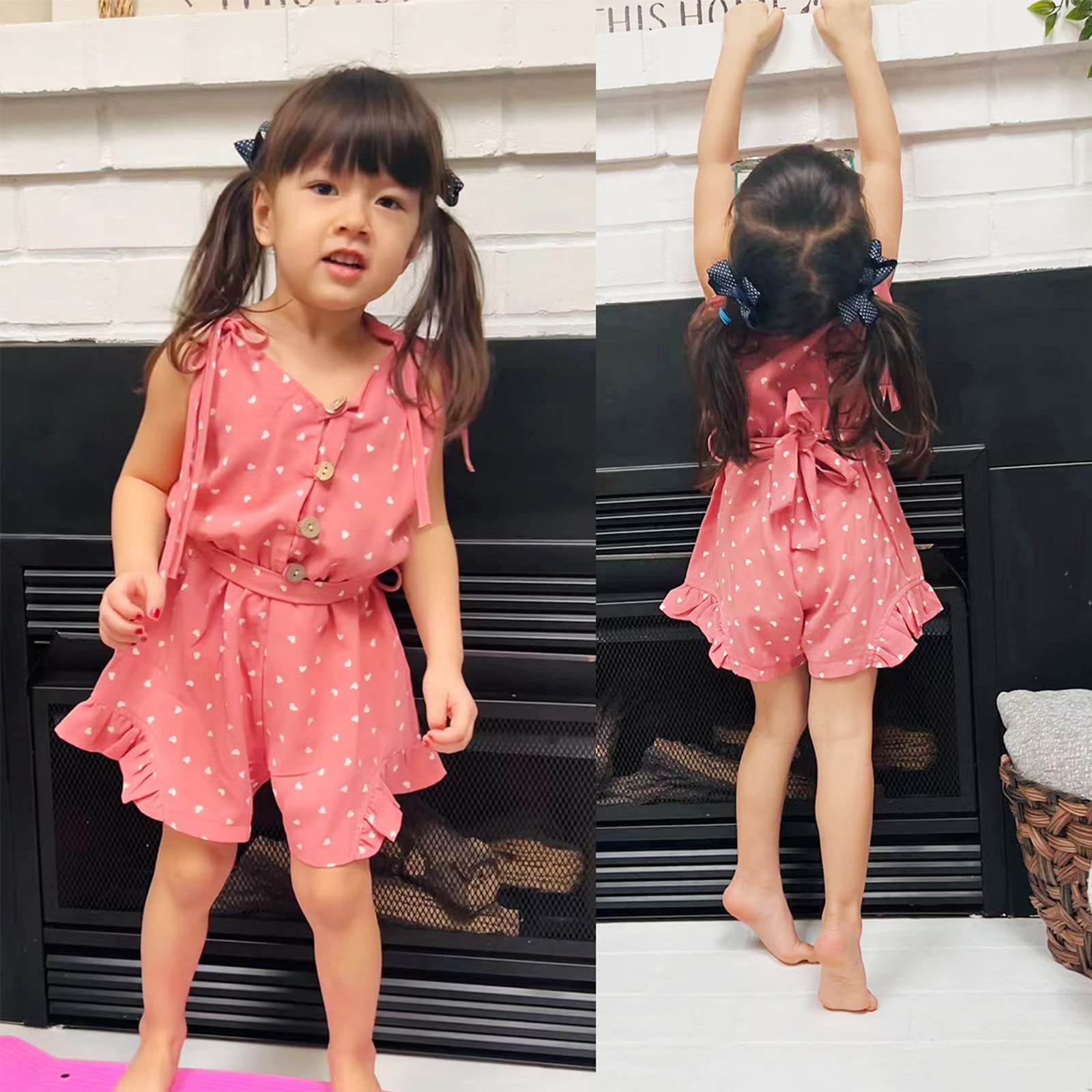 Tikoubabe Toddler Girl Clothes Baby Summer Cute Halter Romper V-Neck Outfits Love Heart Bow Knot Light Red 2T-3T 100CM
