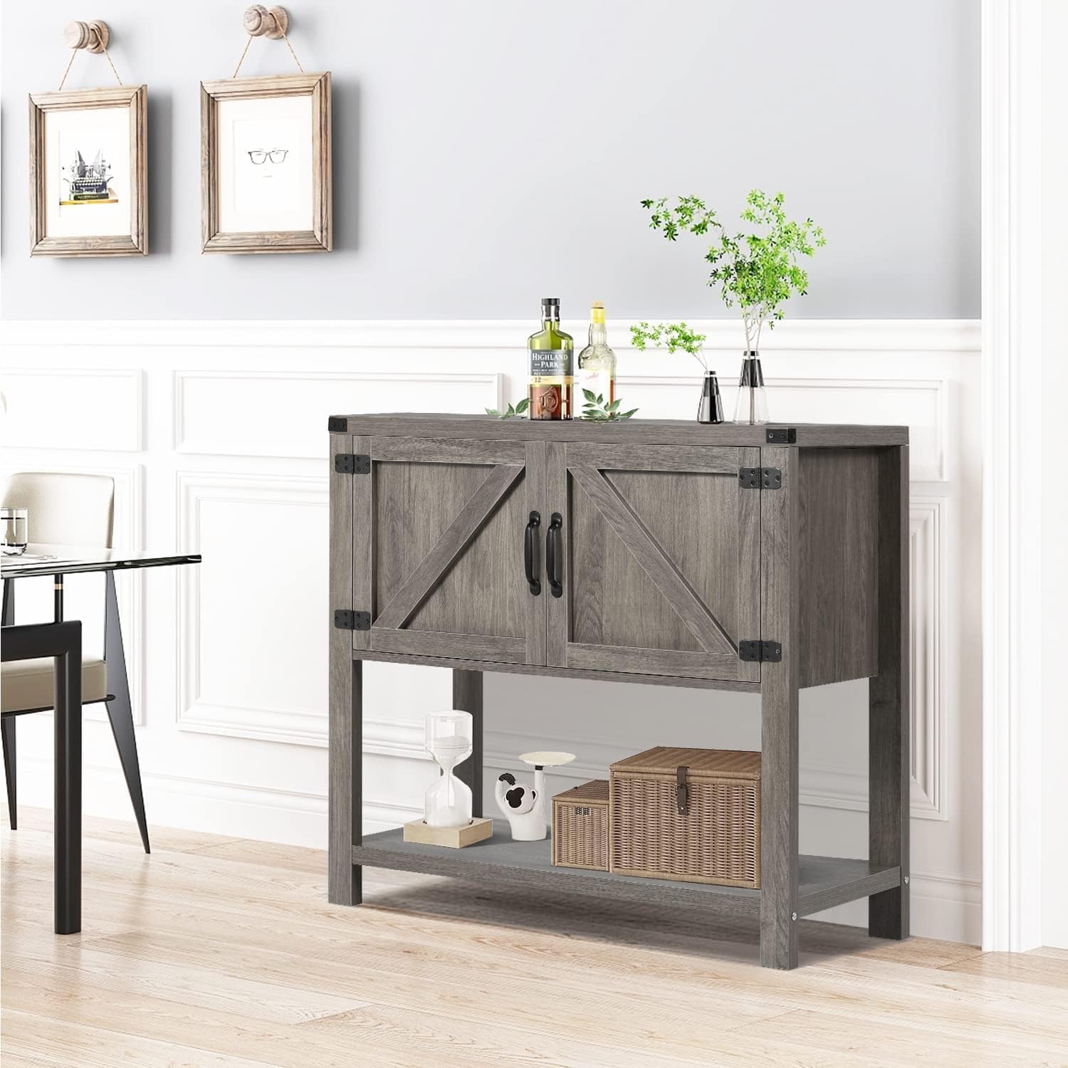 4ever2buy Farmhouse Coffee Bar Cabinet with Barn Doors, Grey Coffee Bar Stand with Storage, 36 inch Coffee and Tea Bar with Bottom Shelf for Living Dining Room