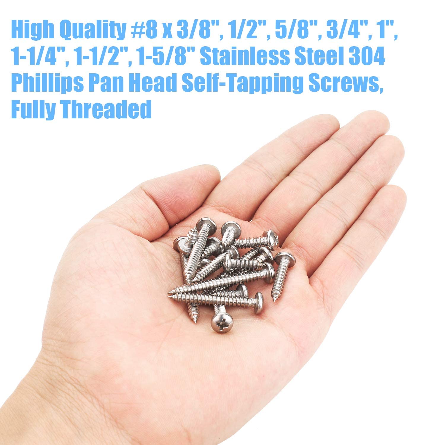 DYWISHKEY 200 Pieces #8 x 3/8", 1/2", 5/8", 3/4", 1", 1-1/4", 1-1/2", 1-5/8" Stainless Steel 304 Phillips Pan Head Self-Tapping Screws, Wood Screws Assortment Kit