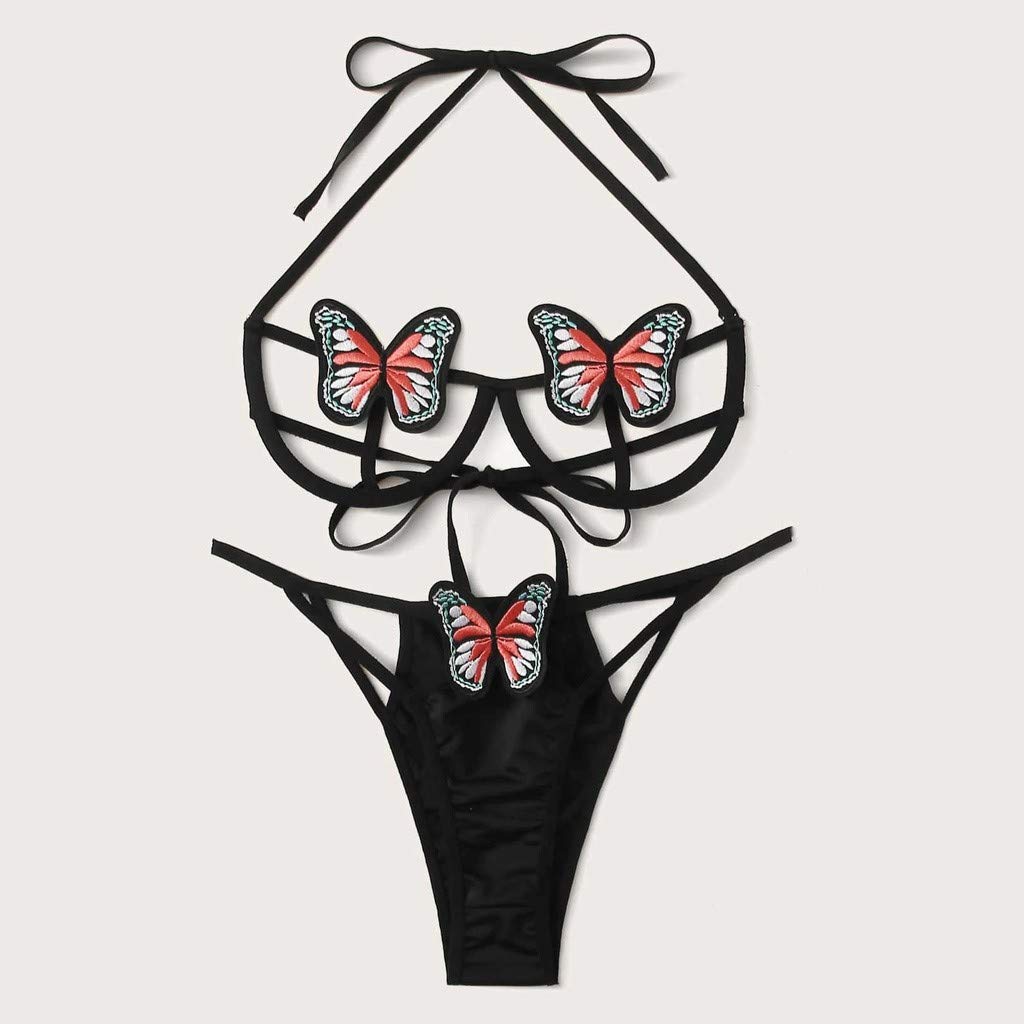 Atezch_ Women Butterfly Bra G-String Thong Set Halter Lingerie Teddy Two Piece Hollow Out Backless Bodysuit Strap Babydoll Sleepwear (Black, M)