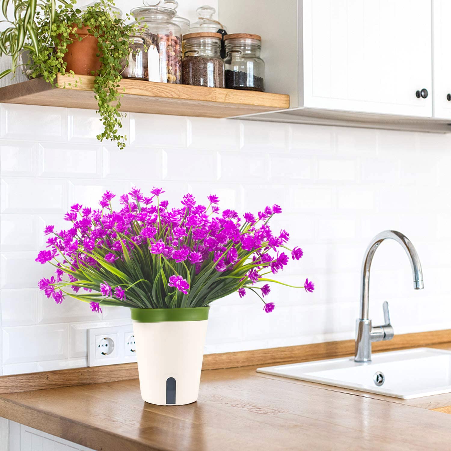 Artificial Fake Flowers, 4 Bundles Outdoor UV Resistant Greenery Shrubs Plants Indoor Outside Hanging Planter Home Garden Décor(Purple)