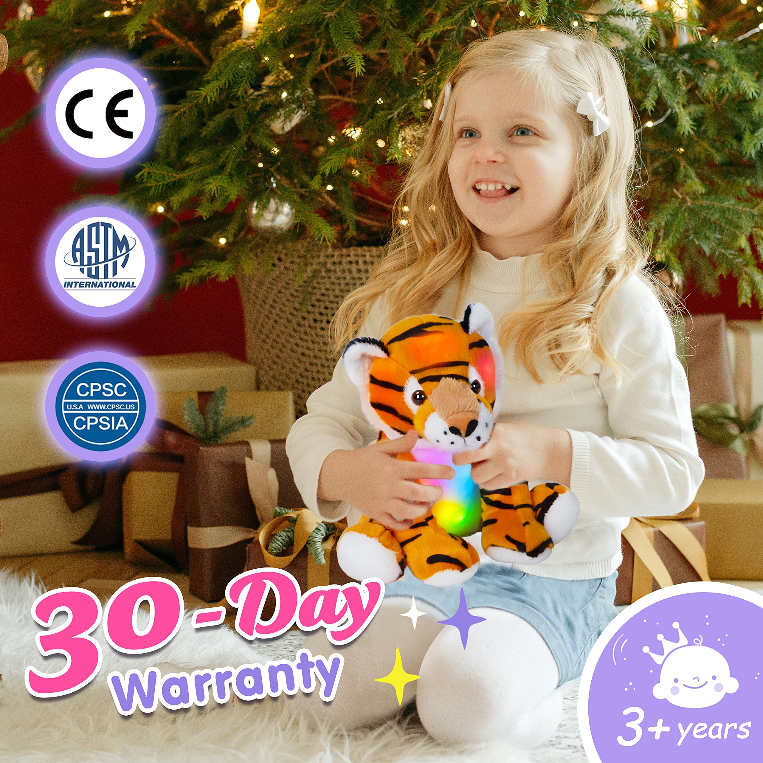 Athoinsu 11'' Light up Tiger Stuffed Animal with LED Night Light Glow in Dark Soft Plush Toy Valentine's Day Children's Day Birthday for Toddlers Kids