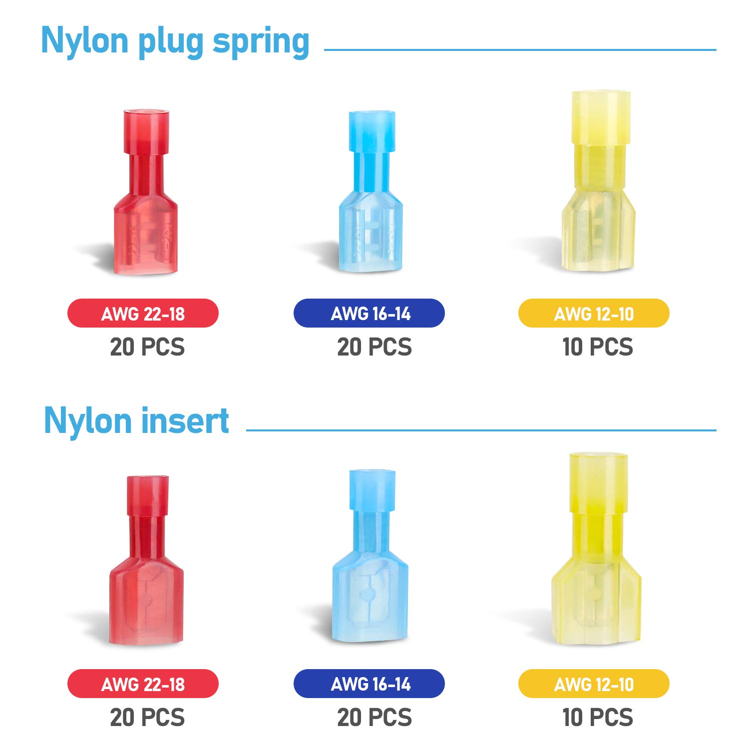 TICONN 100 Pcs Nylon Spade Quick Disconnect Connectors Kit, Electrical Insulated Terminals, Male and Female Spade Wire Crimp Terminal Assortment Kit