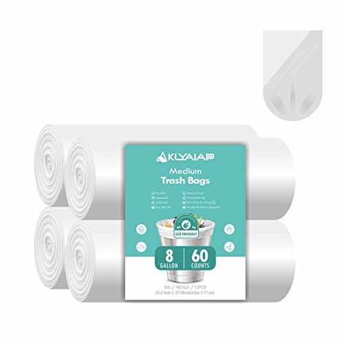 60 Counts Aklyaiap 8 Gallon Trash Bags,Biodegradable Medium Garbage Bags,Budget-Friendly Replacement for Simple Human H/J/G Trash Bag,White 30 Liter Wastebasket Bin Liners For Kitchen,Bathroom&Office