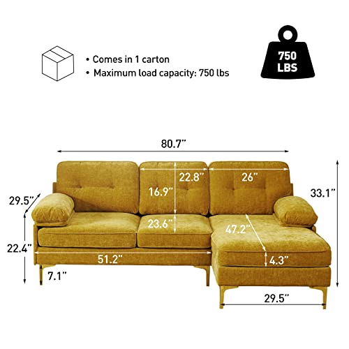 80.7"Modern Sectional Sofa ,Loveseat Sofa Couch for Living Room,Apartment and Small Space,Chenille L-Shaped Sofas with Solid Wood Frame,Removable cushions,Wide Armrest,Easy to Assemble(Yellow)