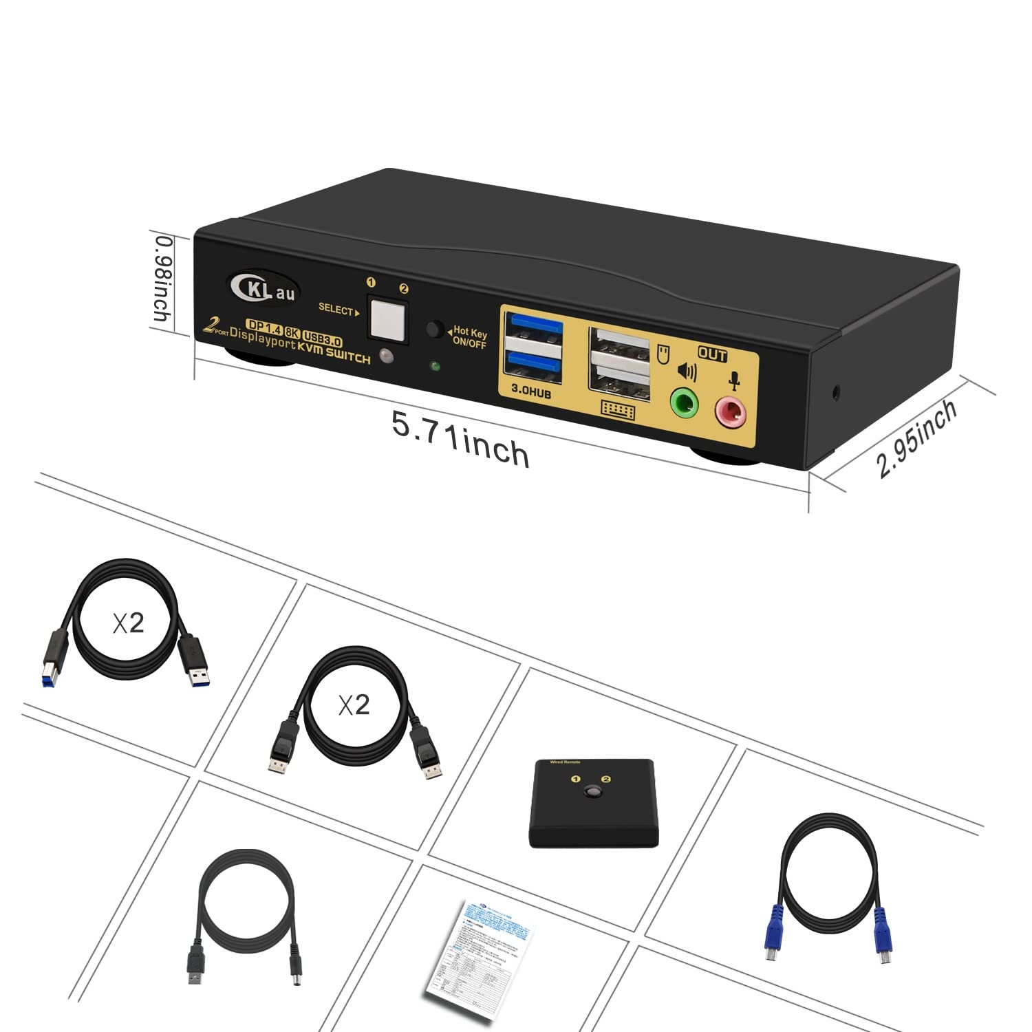 2 Port KVM Switch Dual Monitor USB 3.0 Displayport 1.4 + HDMI 2.1 Supports 8K@60Hz, 4K@144Hz with Audio Output and All Input Cables