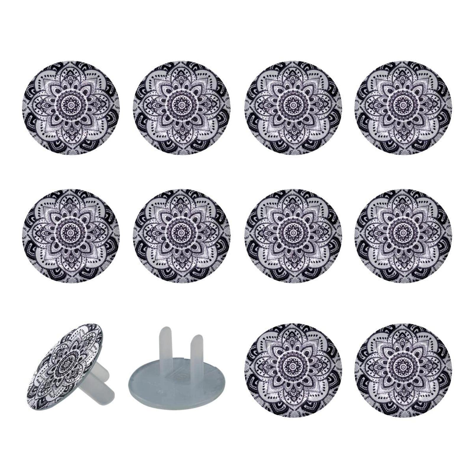24 Pack Child Proof Electrical Protector Safety Caps Baby proofing Outlet Plug Covers Bohemian Black White Mandala Pattern