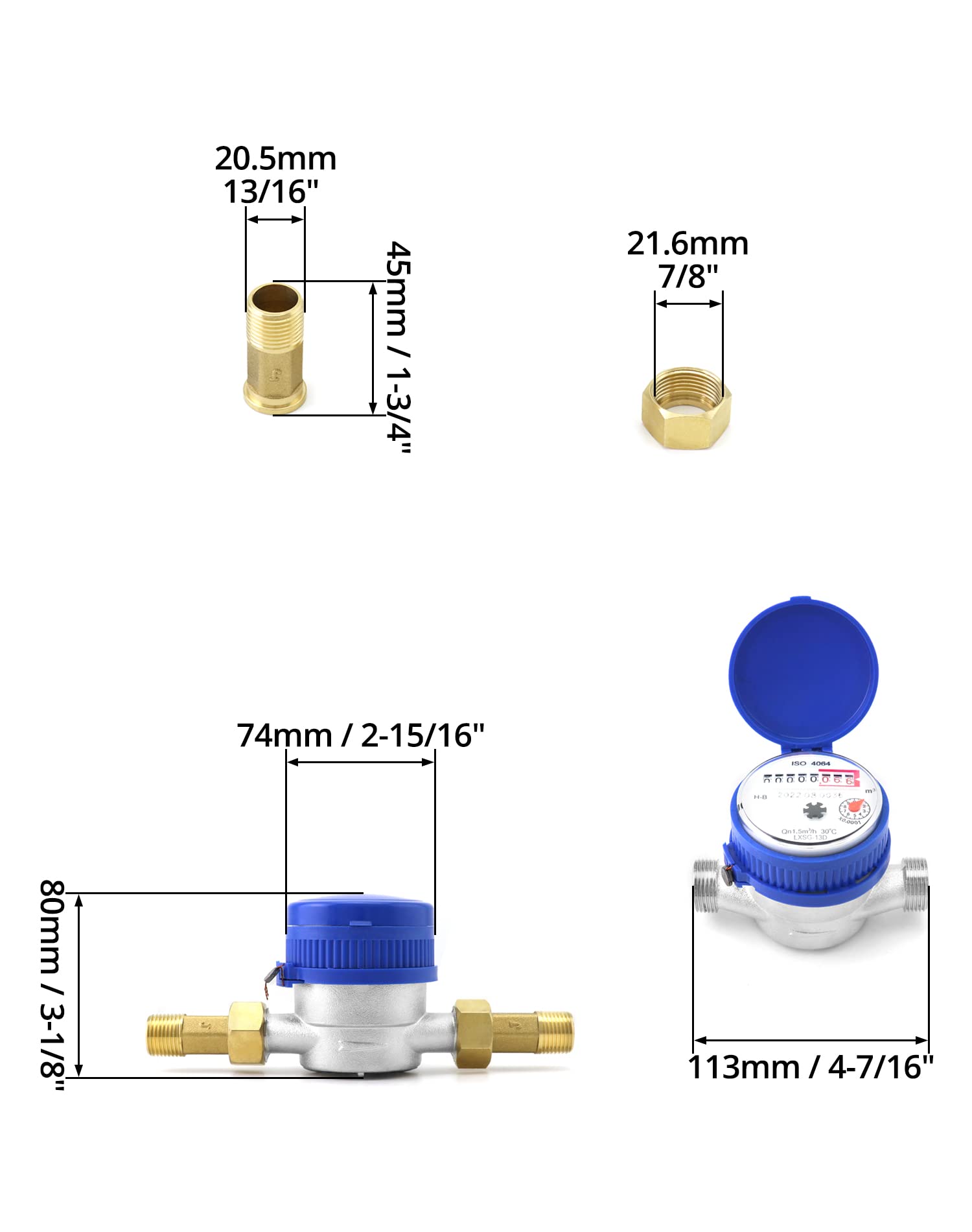QWORK Water Meter, 1/2" NPT 304 Stainless Steel Cold Water Flow Meter with Pulse Output, for Garden and Home Use, Includes 2 pcs 1/2"NPT Thread Adapter