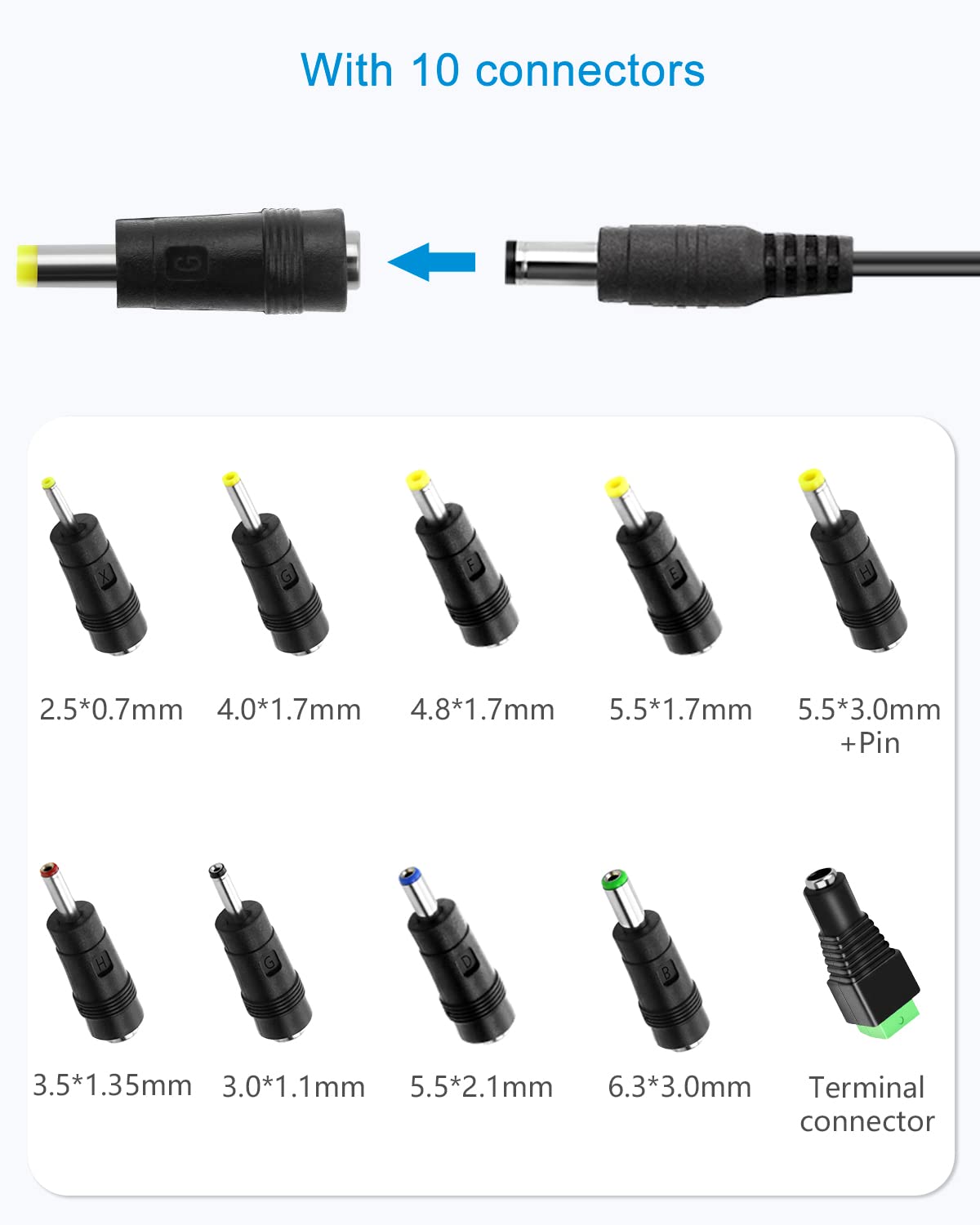 ALITOVE 12V 2A Power Supply Adapter DC 12 Volt 24W 2000mA 1.8A 1.5A 1.2A 1A Power Converter Transformer with 5.5x2.5 5.5x2.1 5.5x3.0 5.5x1.7 4.8x1.7 4.0x1.7 3.5x1.35 3.0x1.1 2.5x0.7 6.3x3.0 10 Tips