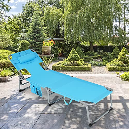 GYMAX Tanning Chair, Folding Beach Lounger with Face Arm Hole, Adjustable Backrest,Side Pocket, Removable Pillow & Carry Handle, Outside Sunbathing Lounge Chair for Patio, Poolside (1, Turquoise)