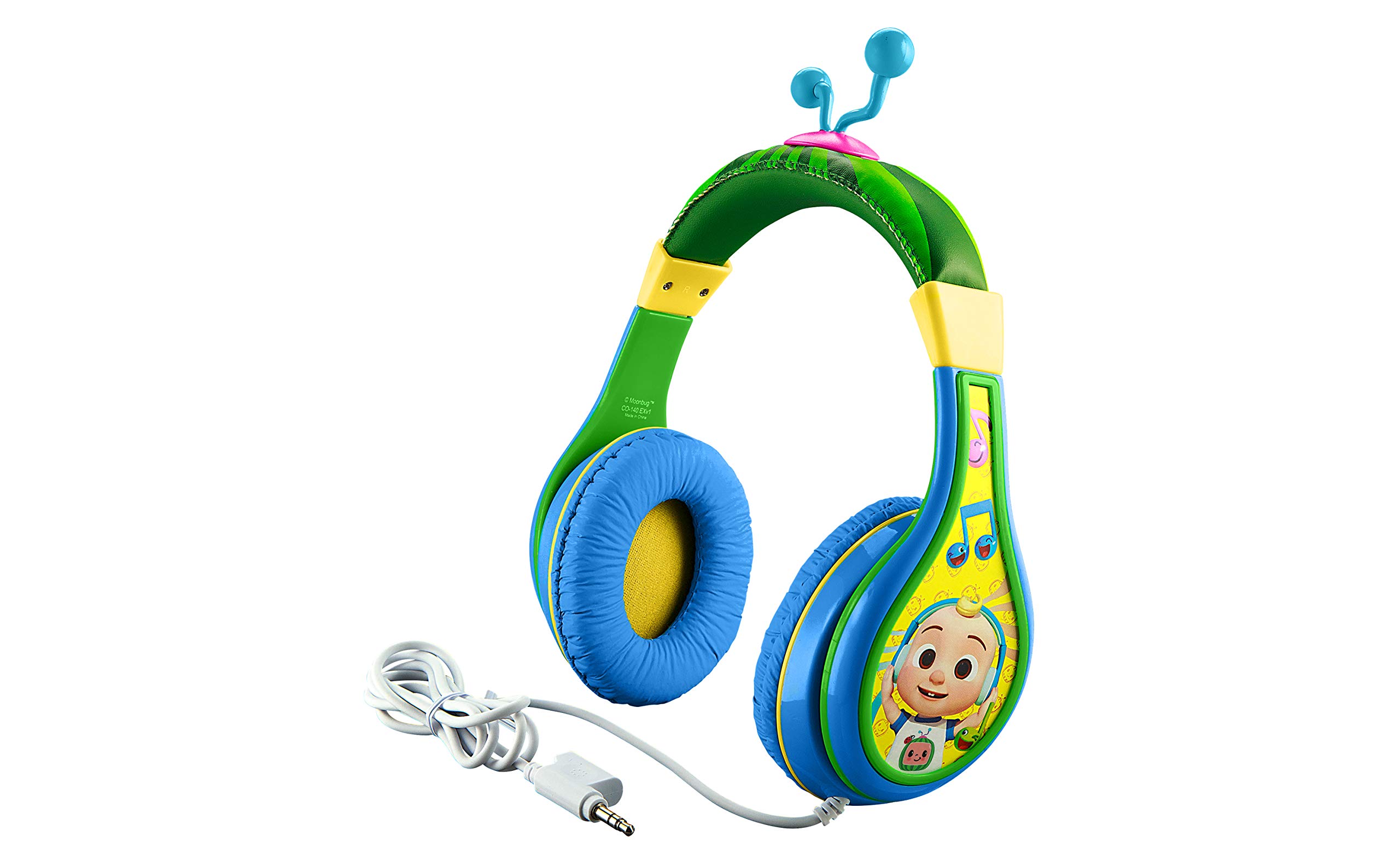 eKids Cocomelon Headphones for Kids, Wired Headphones for School, Home or Travel, Tangle Free Toddler Headphones with Volume Control, 3.5mm Jack, Includes Headphone Splitter