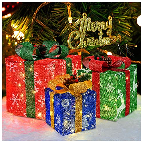 AMZXMAS 3 PCS Outdoor Indoor Christmas Decorations Christmas Lighted Gift Boxes DƩcor,Pre-lit 65 LED Lights Up Christmas Tree Skirt Ornament with Bows, for Holiday Party Christmas Home Yard (A1)