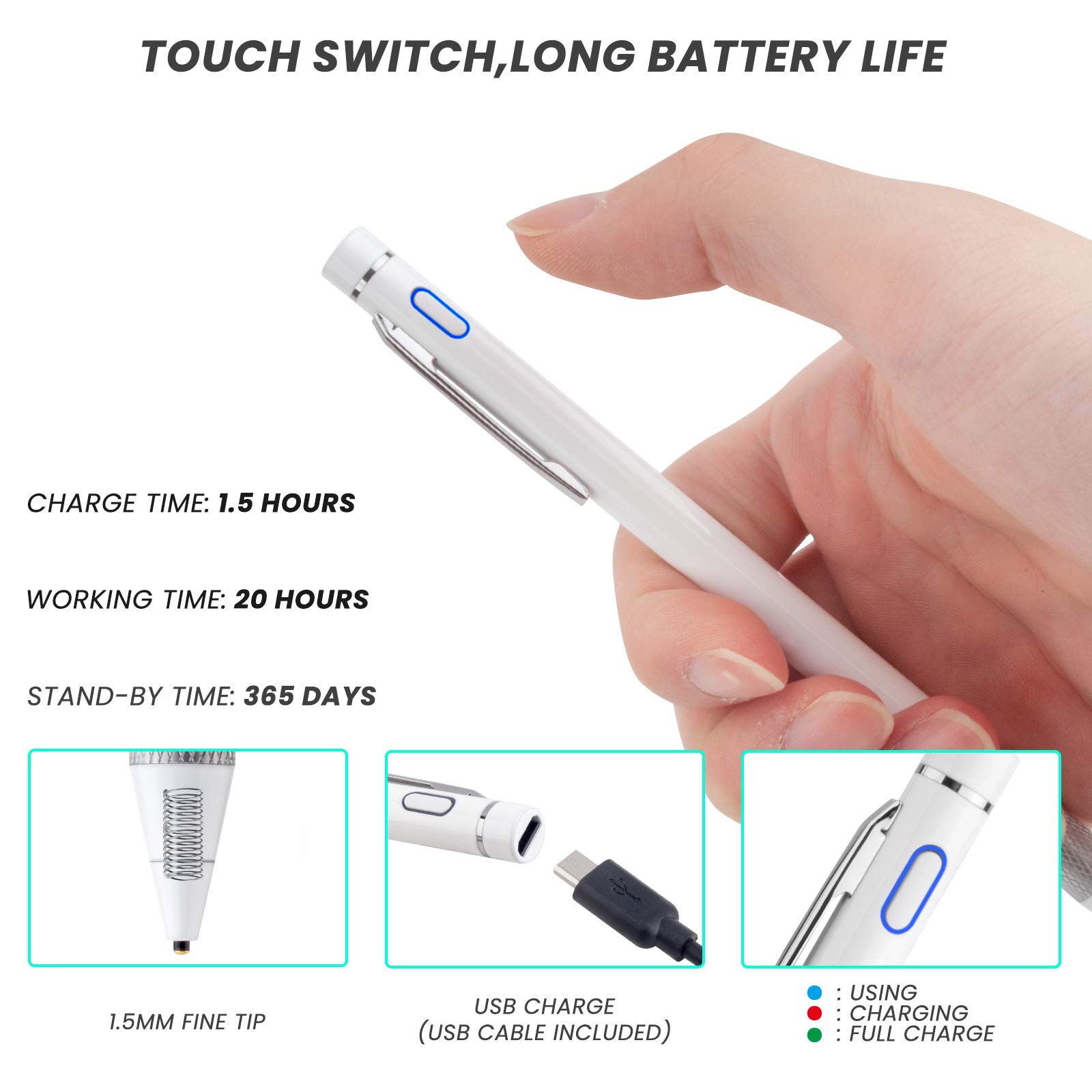 Pencil for Samsung Galaxy Tab A7 A8 A9 Stylus, Rsepvwy Active Digital Stylus with 1.5mm Ultra Fine Tip Stylus Pen for Samsung Galaxy Tab A7 A8 A9,White