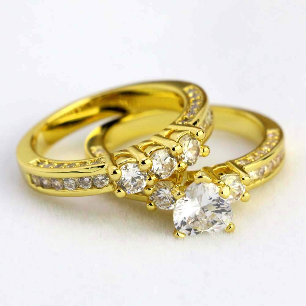 2 Rings His and Hers Couple Rings Bridal Sets Yellow Gold Filled Heart Cz Womens Wedding Ring Sets Man Wedding Bands