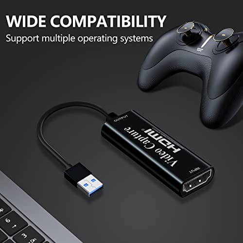 Video Capture Cards, 4K HDMI to USB Video Capture Device, 1080P HD Broadcast Live and Record Video Audio Grabber for Gaming, Streaming, Teaching, Video Conference (Black)