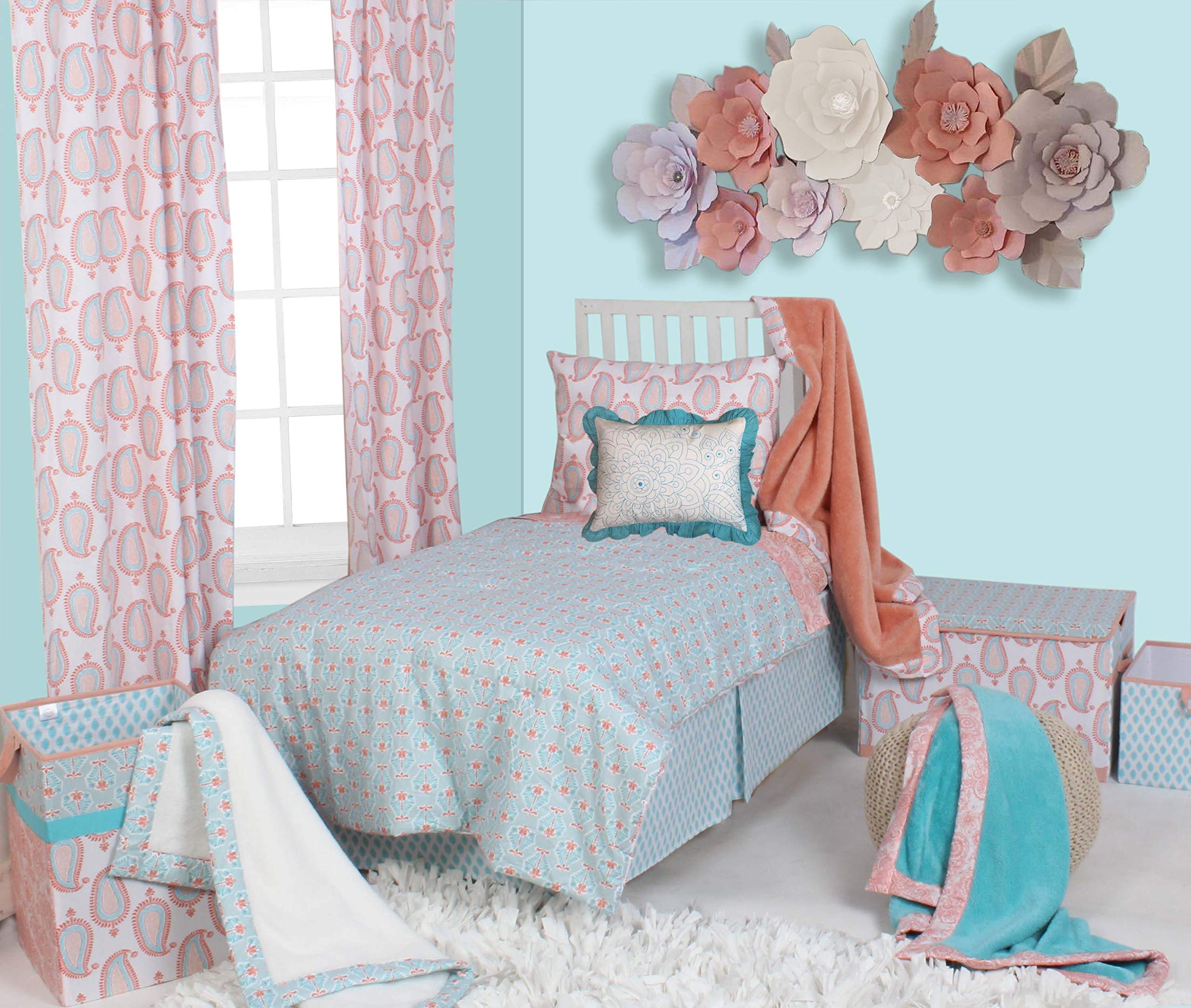 Bacati - Paisley Kids Storage (Laundary Hamper with Wooden Frame and Mesh Liner, Coral/Aqua)