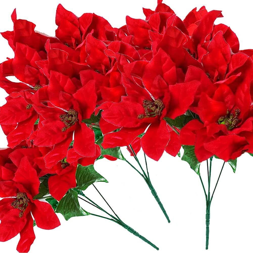 Artificial Plants Christmas Decor 5 Heads Velvet Large Size Poinsettia Plastic Flowers Wreath Xmas Tree Decorations for Home Garden Indoor Outdoor Craft Floral Accessories,Pack of 3(Red)
