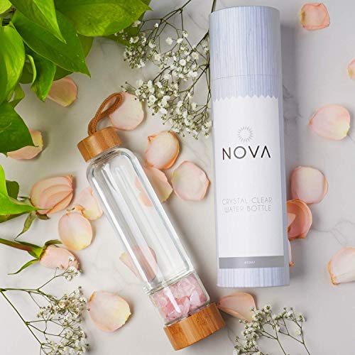 Crystal Elixir Infused Gem Water Bottle – Leak-Proof Lid – Bamboo Wellness Glass Includes Protective Sleeve and Removable Crystal – 15 oz (Rose Quartz)