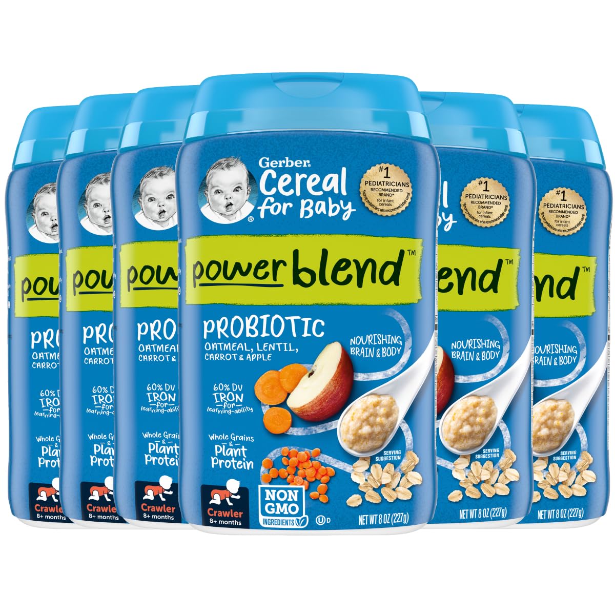 Gerber Cereal for Baby Power Blend 3rd Foods Probiotic Oatmeal Baby Cereal, Lentil Carrot Apple, 8 oz Canister (6 Pack)