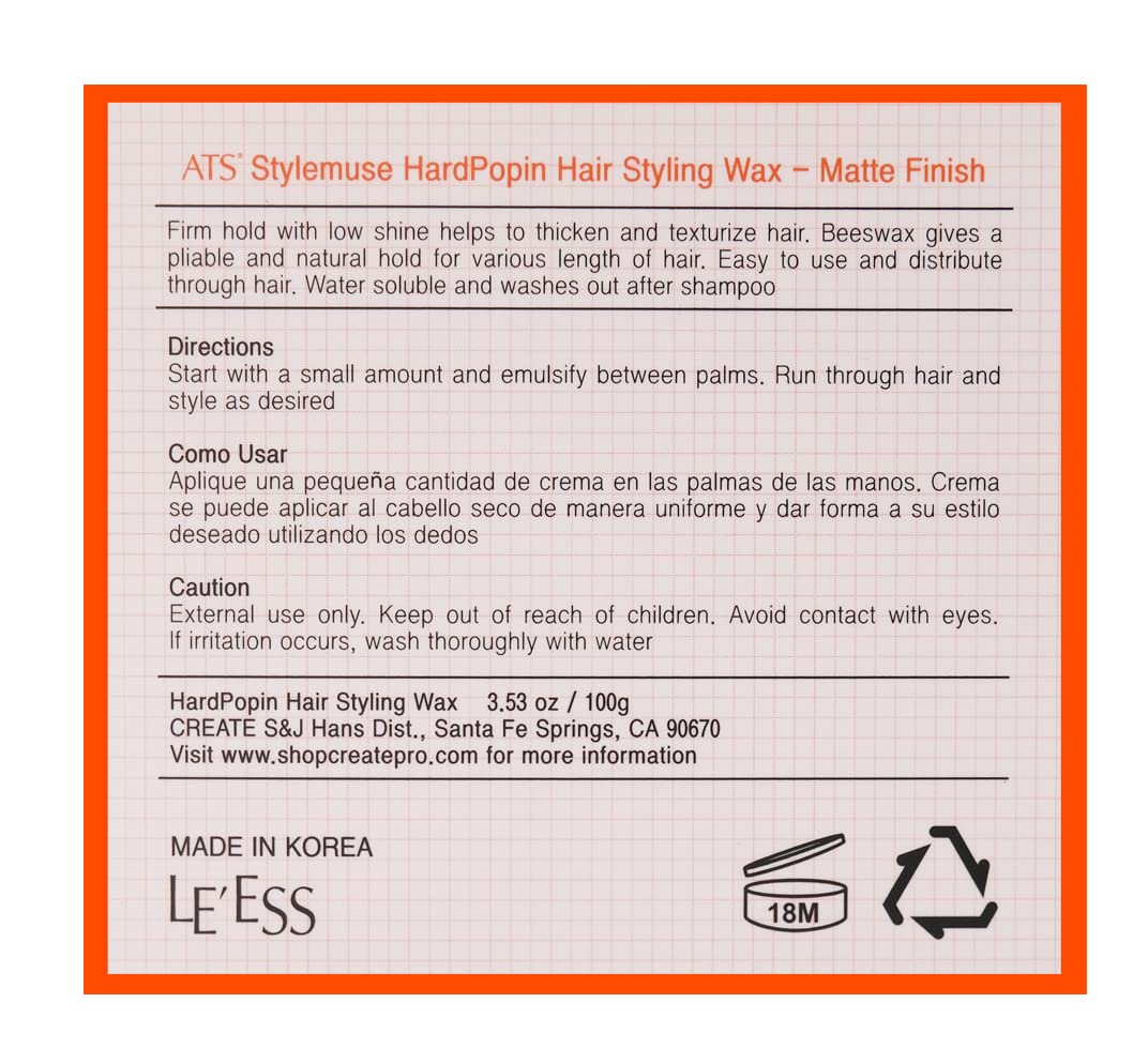 ATS Stylemuse Hard Popin Hair Styling Wax - Men and Women Matte Molding Cream Firm Hold 100 gram 3.53 ounce