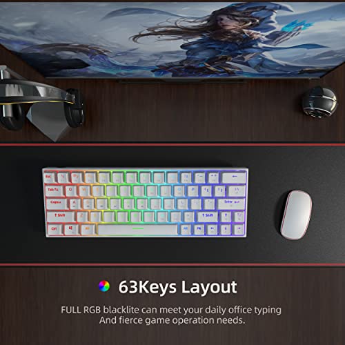 Ractous RTK63P 60% Mechanical Gaming Keyboard RGB Backlit PBT keycaps 63key Ultra-Compact Wired Keyboard Programmable for PC/Mac Gamers,Hot-Swappable Optical Blue Switch (White)