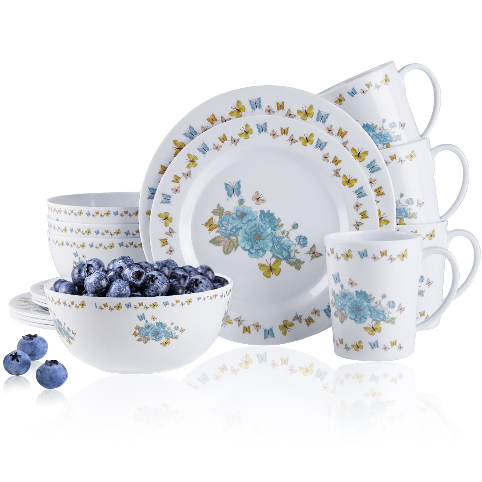 16-Piece Service for 4 Dinnerware Set, Melamine Kitchen Dinnerware Set with Plates, Bowls and Mugs Lightweight Unbreakable for Indoor Outdoor, Camping Dishware Set Tableware Set Dishwasher Safe