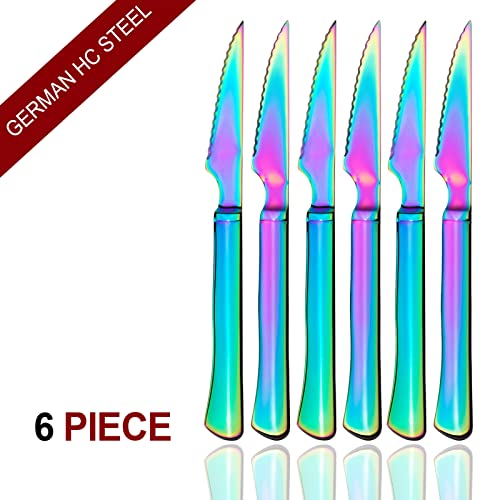 culterman Ultra-Sharp Stainless Steel Cutlery Set,Dinner Knives 6-Piece Stainless Steel kitchen Serrated Best Steak Knife (Rainbow)