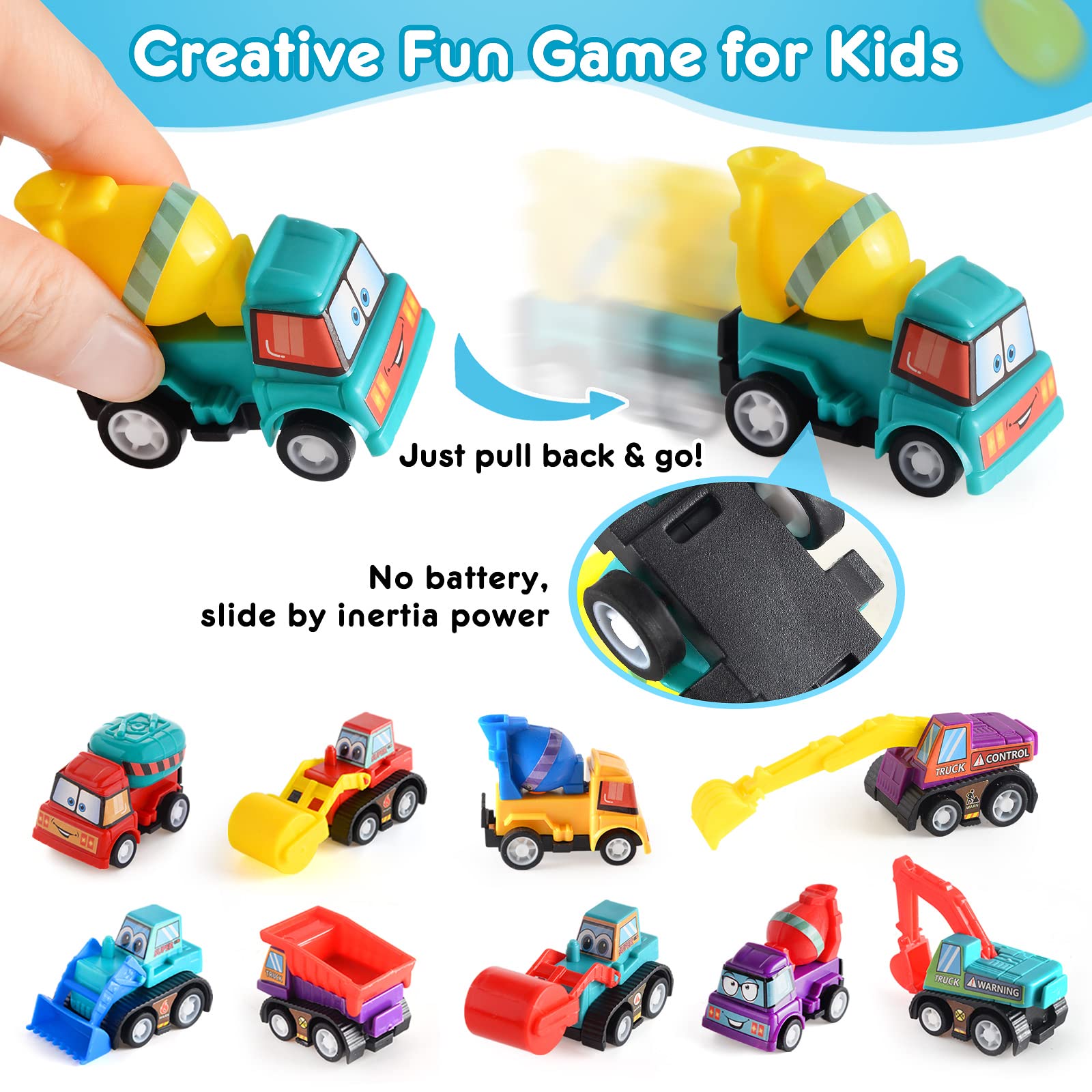 24 Pack Plastic Easter Eggs and Cars for Easter Egg Hunt, Play Pull Back Construction Car Toys, Easter Basket Stuffers, Classroom Prize Supplies, Easter Party Favors for Kids Boys Girls Toddlers