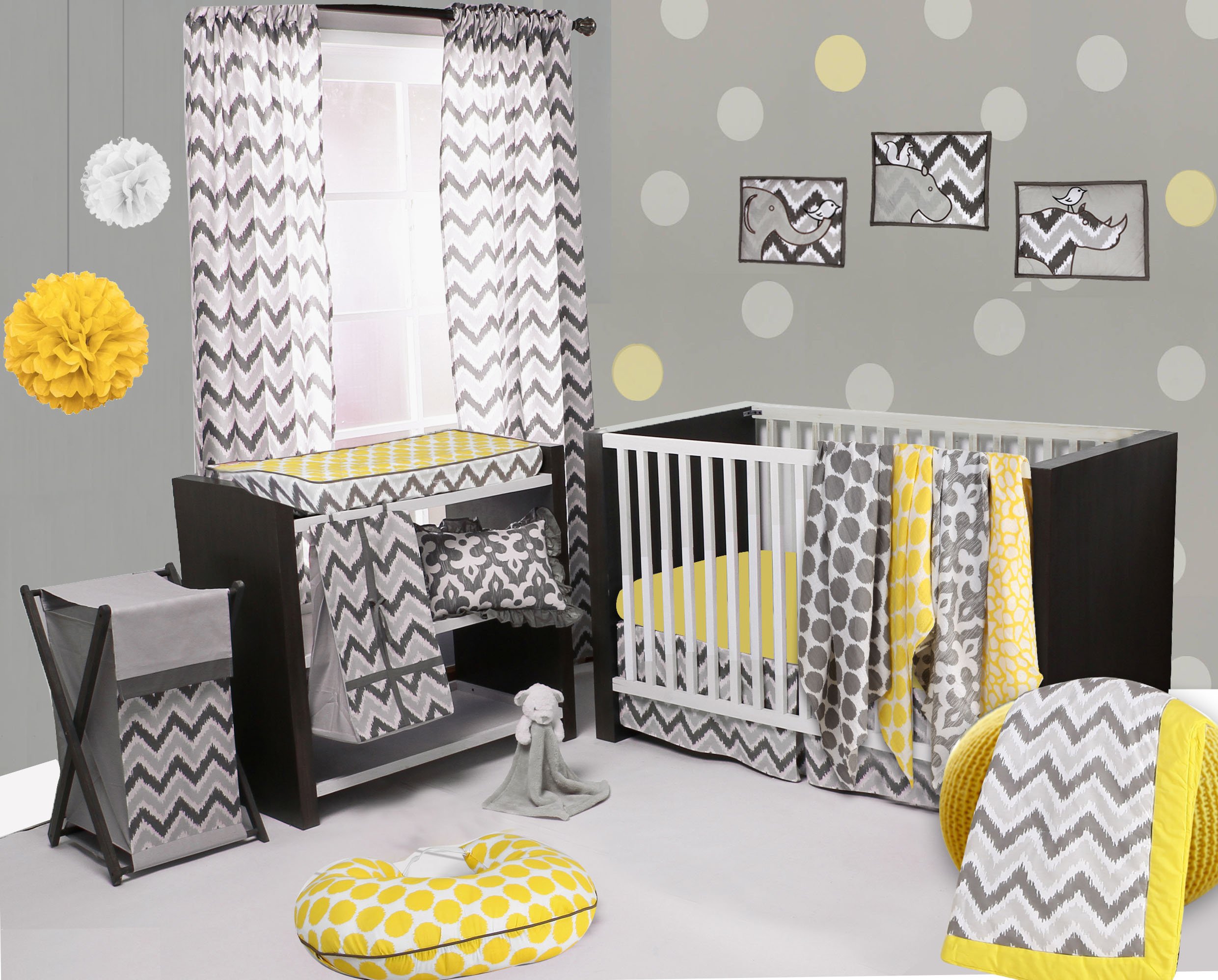 Bacati - Yellow/Grey Ikat Chevron Muslin 10 Pc Neutral Crib Set with 4 Muslin Swaddling Blankets for US Standard Crib