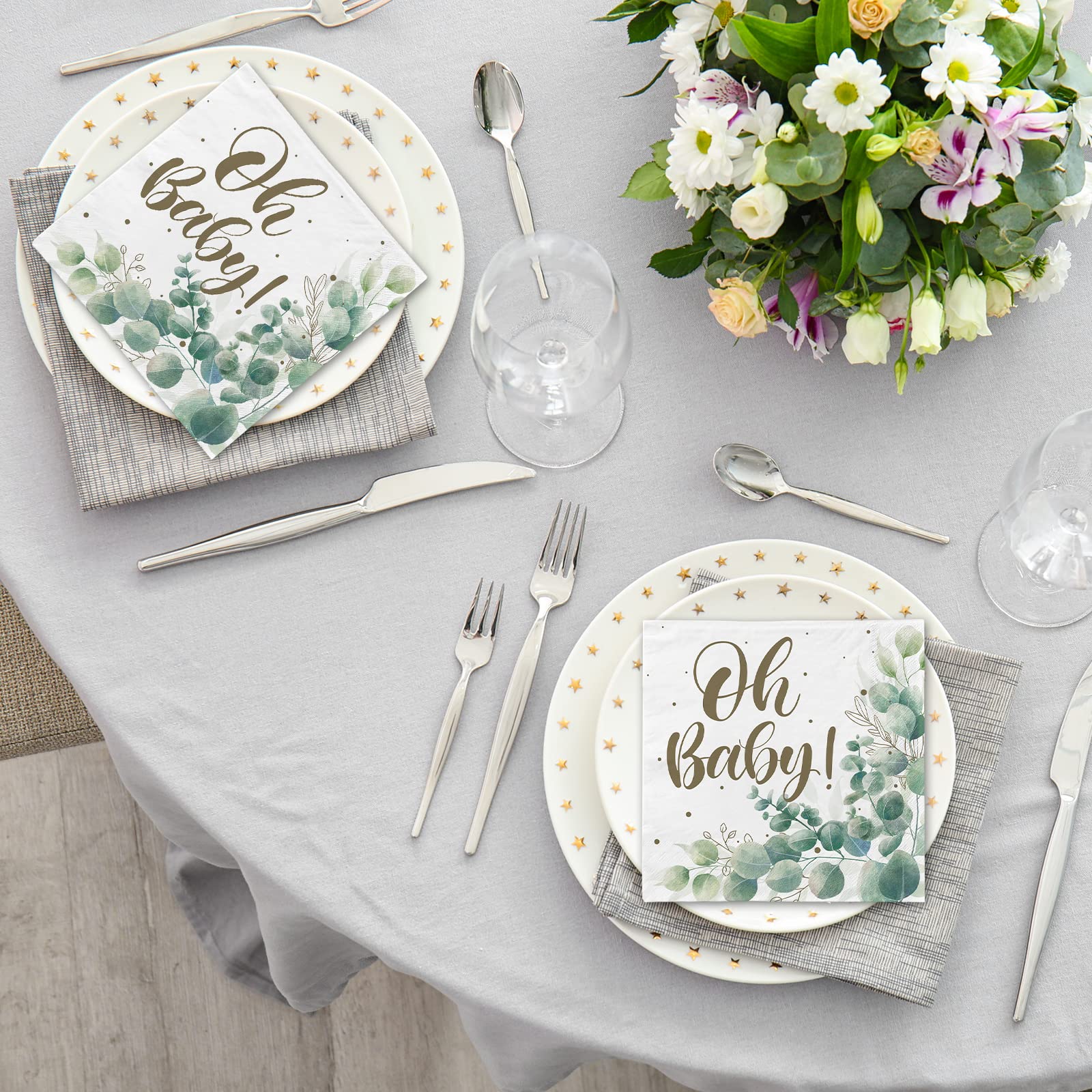 Sage Greenery Baby Shower Disposable Paper Napkins 3-ply Boho Greency Beverage Napkins for Sage Greenery Baby Shower Party(6.5X6.5 in, 50-Pack)