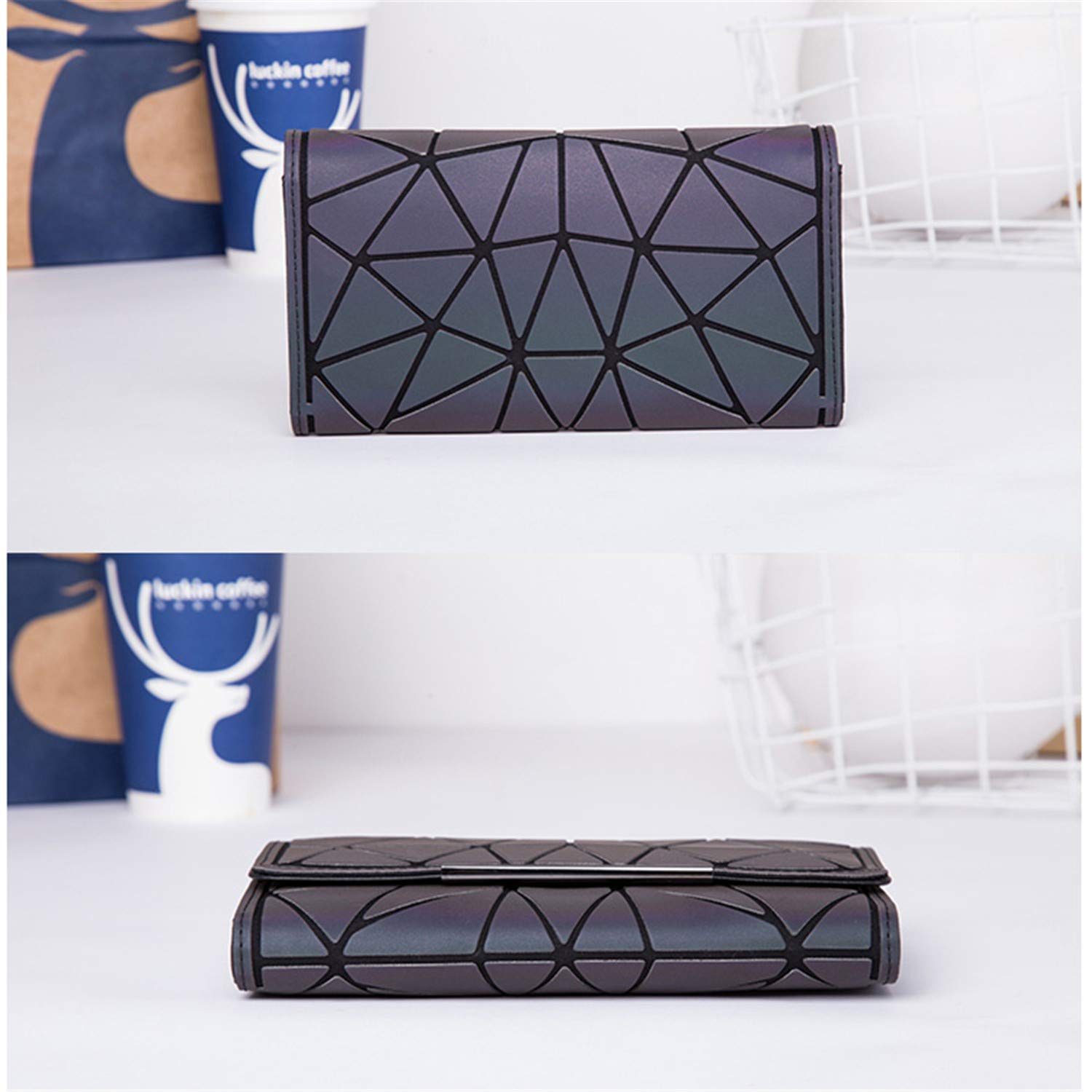 Andongnywell Iridescent Long Coin Purse Womens Geometric Rhomboids Wallets Trifold Reflective Clutch Luminous Wallet (Multicolor)