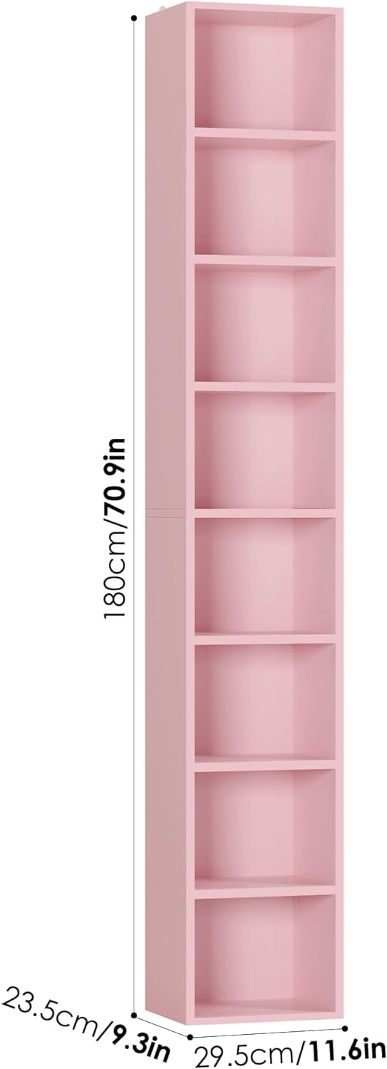 8-Tier Media Tower Rack, 11.6 X 9.3 X 71 Inches CD DVD Slim Storage Cabinet with Adjustable Shelves, Tall Narrow Bookcase Display Bookshelf for Home Office,Pink