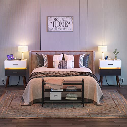armocity Nightstands with Charging Station and LED Light, Bedside Table with 2 Drawer, Modern Night Stand with Charging Port, Sturdy NightStand with Light for Bedrooms, Guest Room, Gray and White