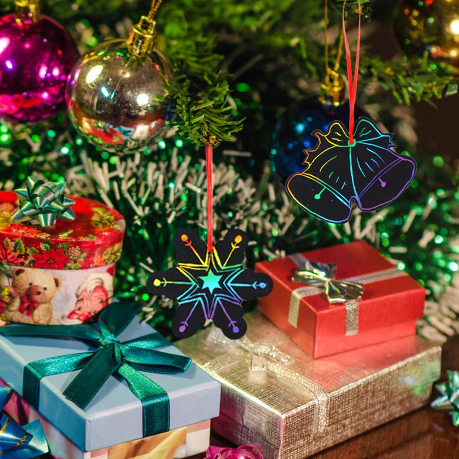 ACEHOOD 48 Sets Christmas Rainbow Scratch Paper Ornaments Kids Art Craft DIY Xmas Ornaments Christmas Party Decorations for Kids