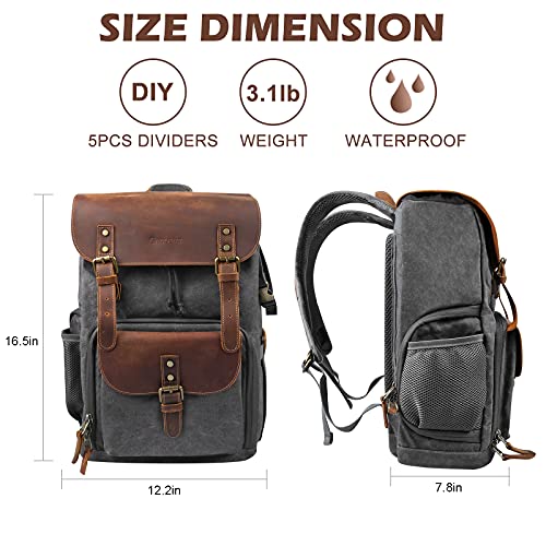 Endurax Leather Camera Backpack for Photographers, DSLR Backpack Bag with Laptop Compartment & Tripod Holder, Waterproof Canvas