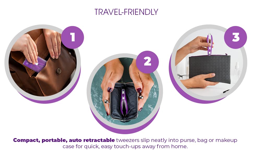 Pursonic | Auto Retractable Tweezers for Eyebrows, Ingrown Hair & Facial Hair, Durable Stainless Steel Material - Features Spotlight & Smart Grab System
