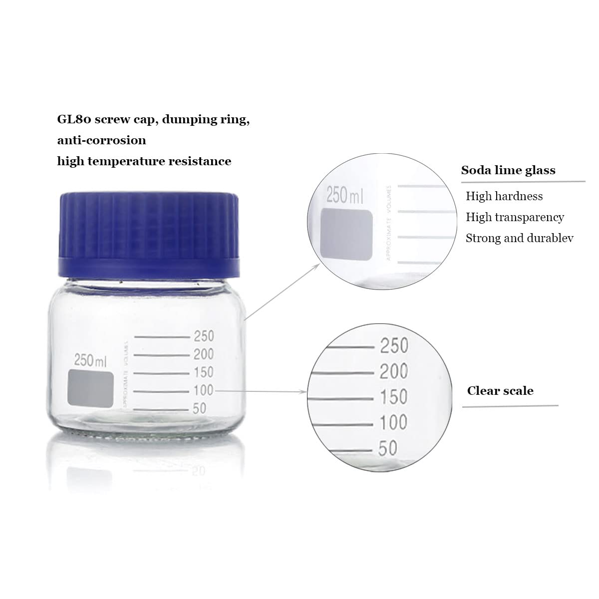 6 Pack 250mL Wide Mouth Media Bottle,Round Reagent Media Bottle with GL80 Screw Cap,Storage Lab Glass Bottle,Premium Scientific Glassware for Labs, Classrooms or Home Use Glass Container (250ML)