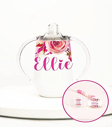 Personalized Insulated Stainless Steel Sippy Cup | Any Name or Text | Pink Floral and Name | Sippy cup for toddlers | Sippy cup for baby