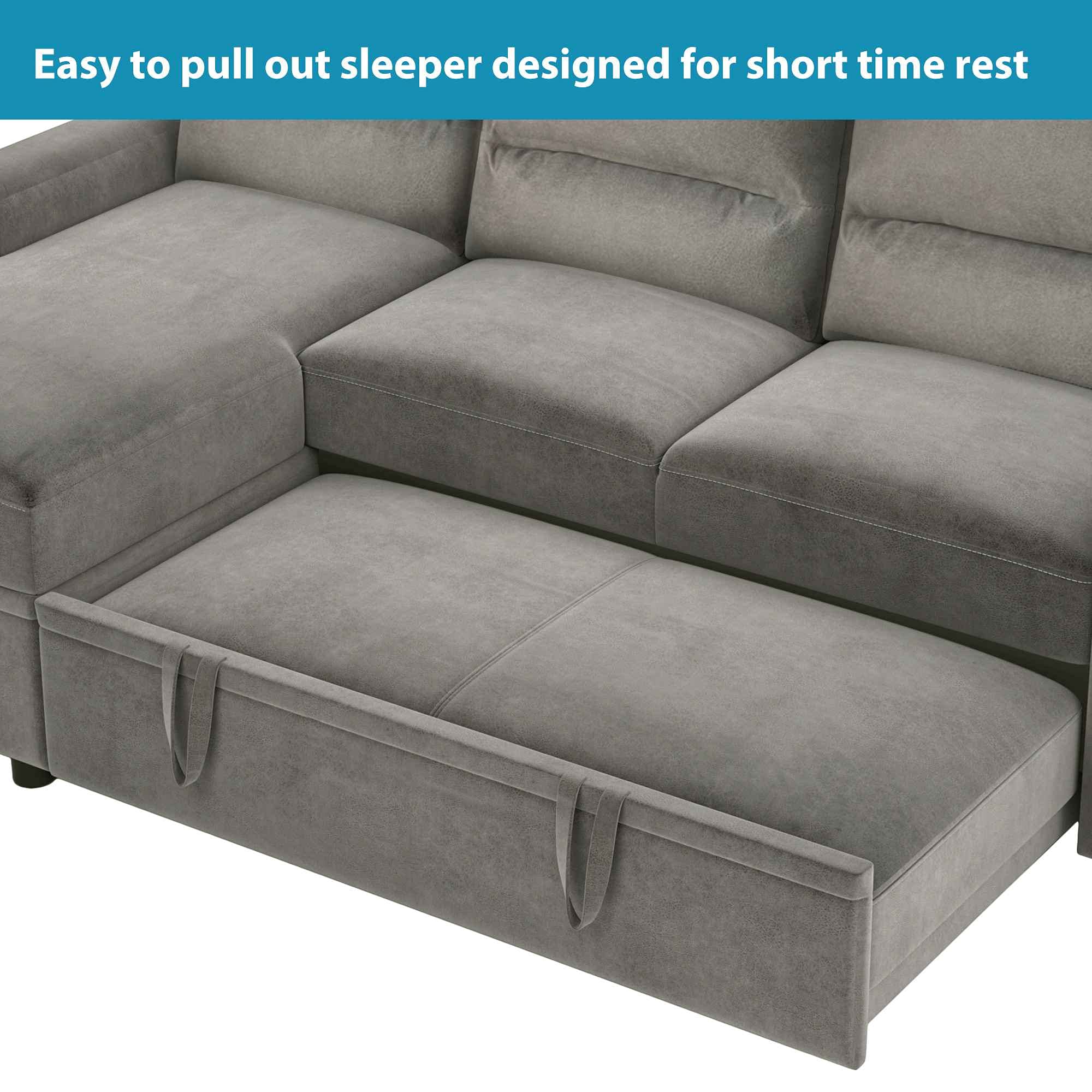 ATY Reversible Sectional Sofa Bed with 2 Pull-Out Sleepers, L-Shape Corner Couch with Storage Chaise, 3 Seat Both Left Right Handed with loveseat, 82.1 Grey Brown