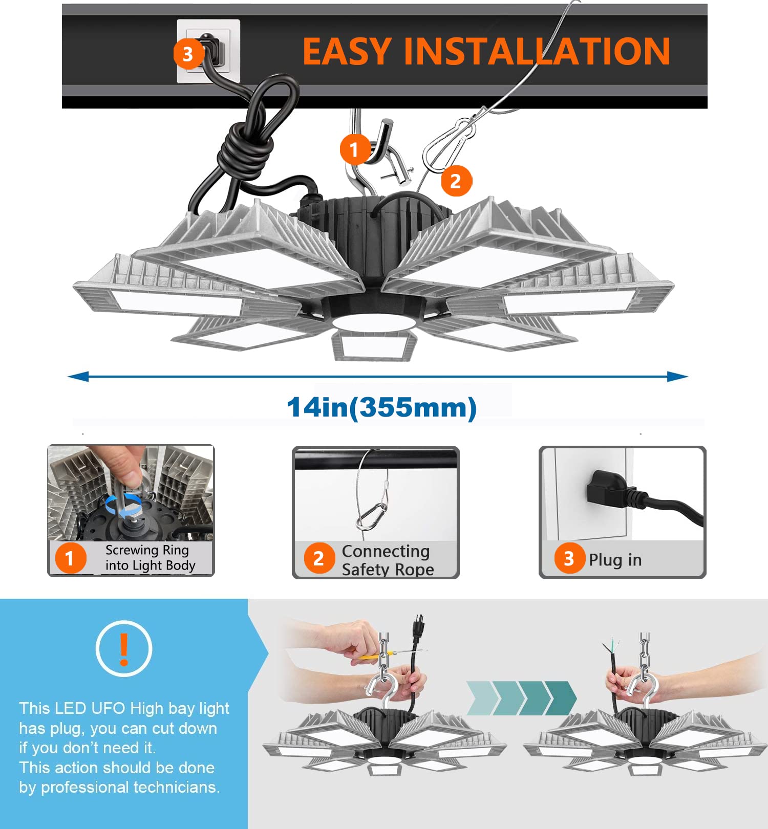 2-Pack 250W LED High Bay Light 6500K Adjustable 7Panel Design 30000LM Bright Shop Light Aluminum Heat Sink - Ideal for Warehouse, Residential, Barn, Factory, Workshop Hanging LED Shop Lighting