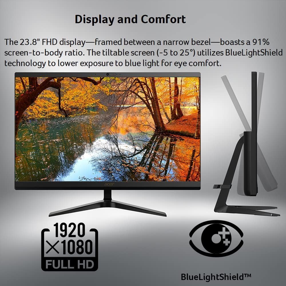 acer Aspire C24 23.8" FHD All in One Desktop Computer, 12th Gen Intel 6-Core i3-1215U Processor, 16GB RAM 512GB SSD, Wi-Fi 6, Wireless Keyboard and Mouse,Windows 11 Home, Black