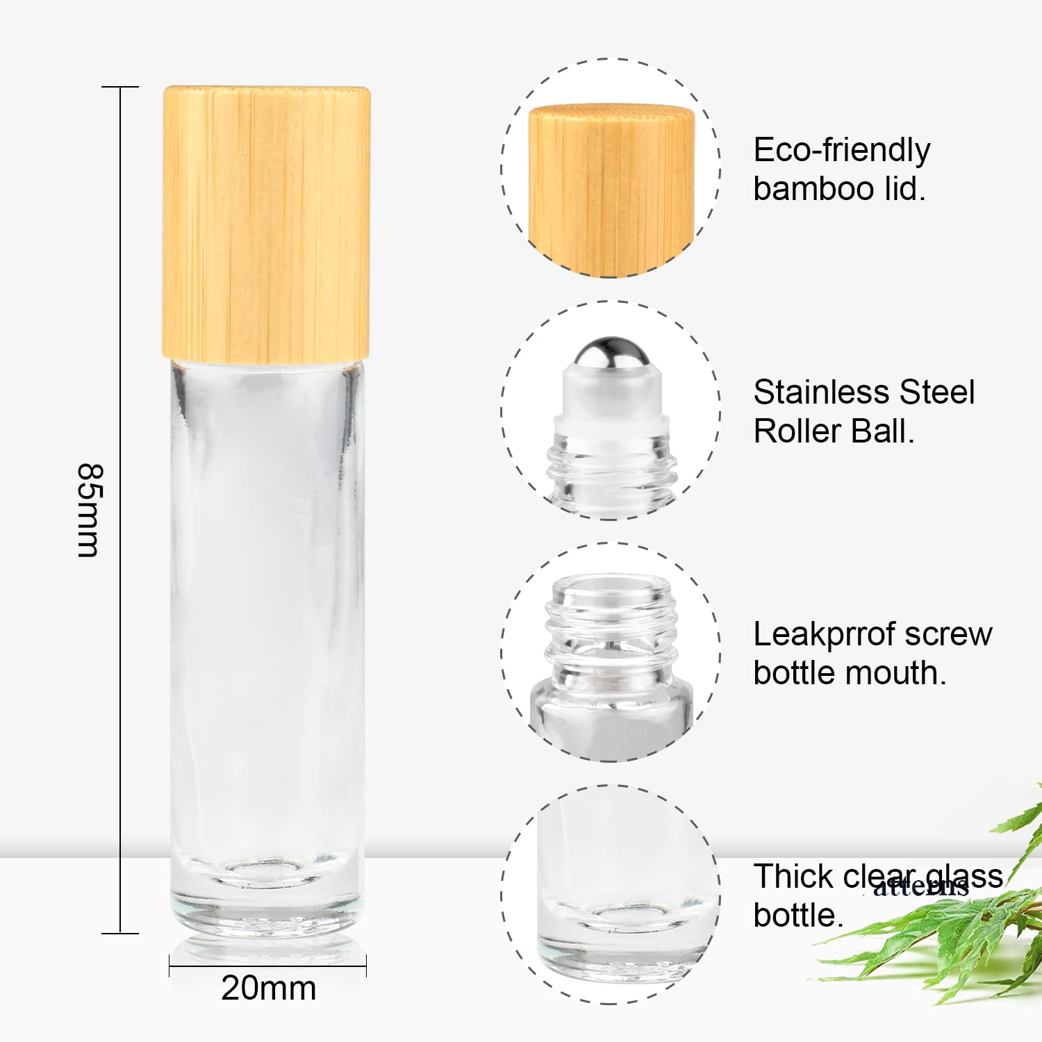 Clear Refillable Glass Empty Roll on Bottles Roller Bottle,10ml Bamboo Roll On Bottle For Essential Oils Perfume Sample Bottles With Stainless Steel Roller Ball &Bamboo Cap,12pcs