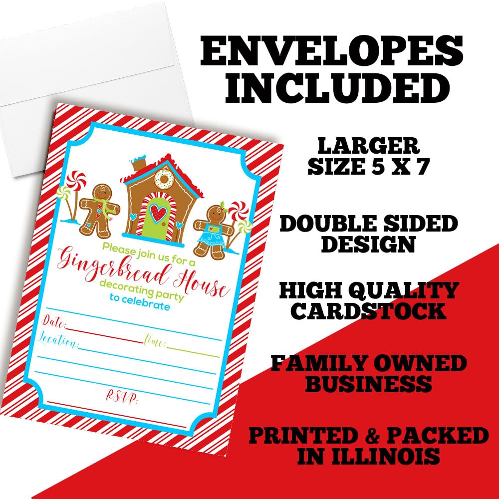 Amanda Creation Christmas Invitations with Envelopes β Gingerbread House Decorating, 20 Pack 5x7 Double Sided Fill-In Invite Cards with Twenty White Envelopes Perfect for Christmas Birthday Parties