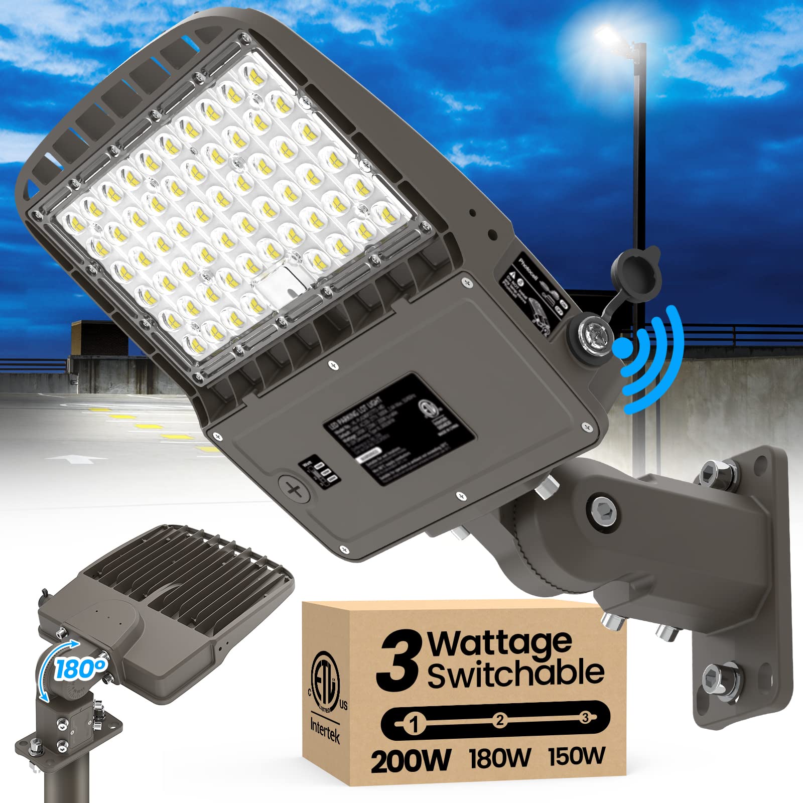 AKK LED Parking Lot light 200W 180W 150W Switchable, 32000LM 160LM/W 5000K LED Street Light, Dusk to Dawn Photocell LED Shoebox Light, Waterproof Commercial Area Lighting, Arm & Slip Fitter in 1 Mount