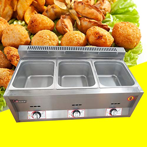 6L Commercial Gas Deep Fryer 3-Pan Countertop Stainless Steel Food Warmer Heater Restaurant Home Kitchen Adjustable Temp Steamer Cooking Heating Pot Tank, Silver