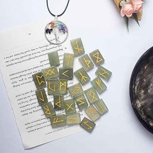 BEZAVO Green Jade Rune Stones with Pendant Silver Ring, 25 pcs Rune Stone with Engraved Elder Futhark Chakra Runes Crystal Set, Viking, Divine Meditation Witchcraft Reiki Supplies Gift for Home Decor