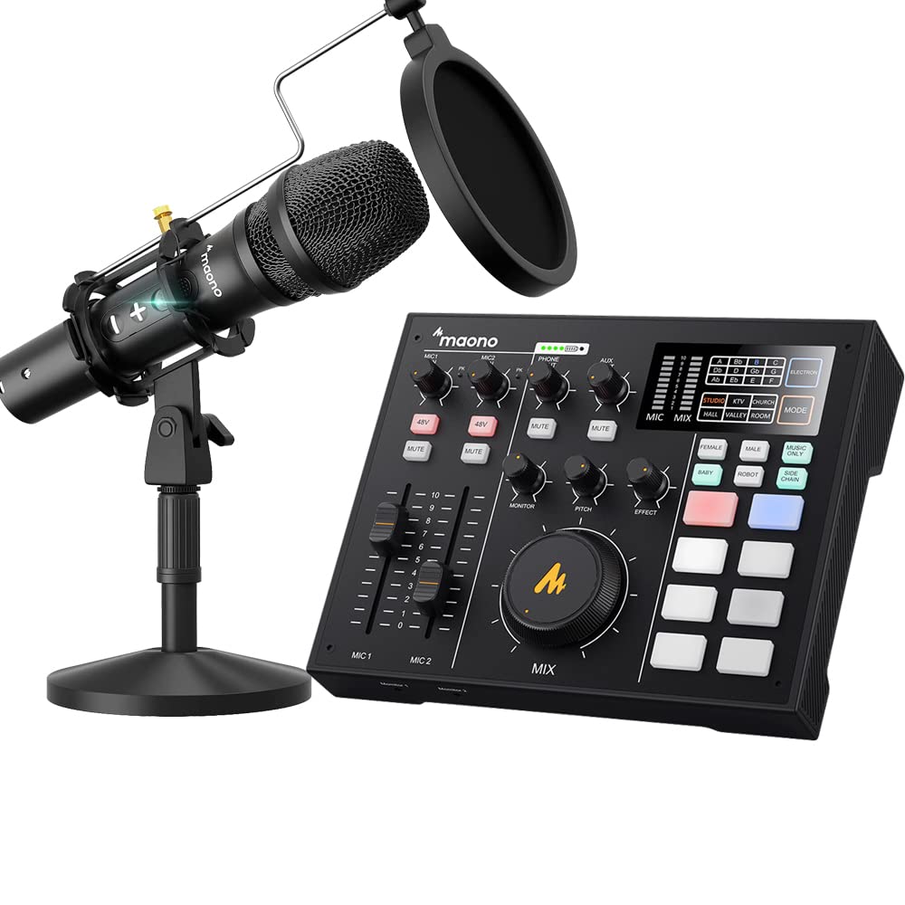 Audio Interface with Dynamic Microphone, Maonocaster Portable ALL-IN-ONE Podcast Production Studio for Guitar, Live Streaming, PC, Recording, and Gaming