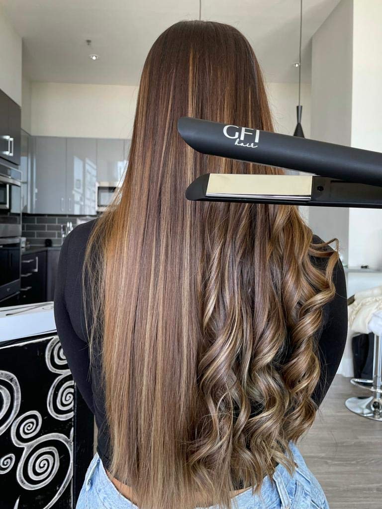 GFI Hair Straightener - Turbo Heating Element - Titanium Flat Iron - Straightens & Curls Any Hair Type - Temperature Control - Pouch & Glove Included