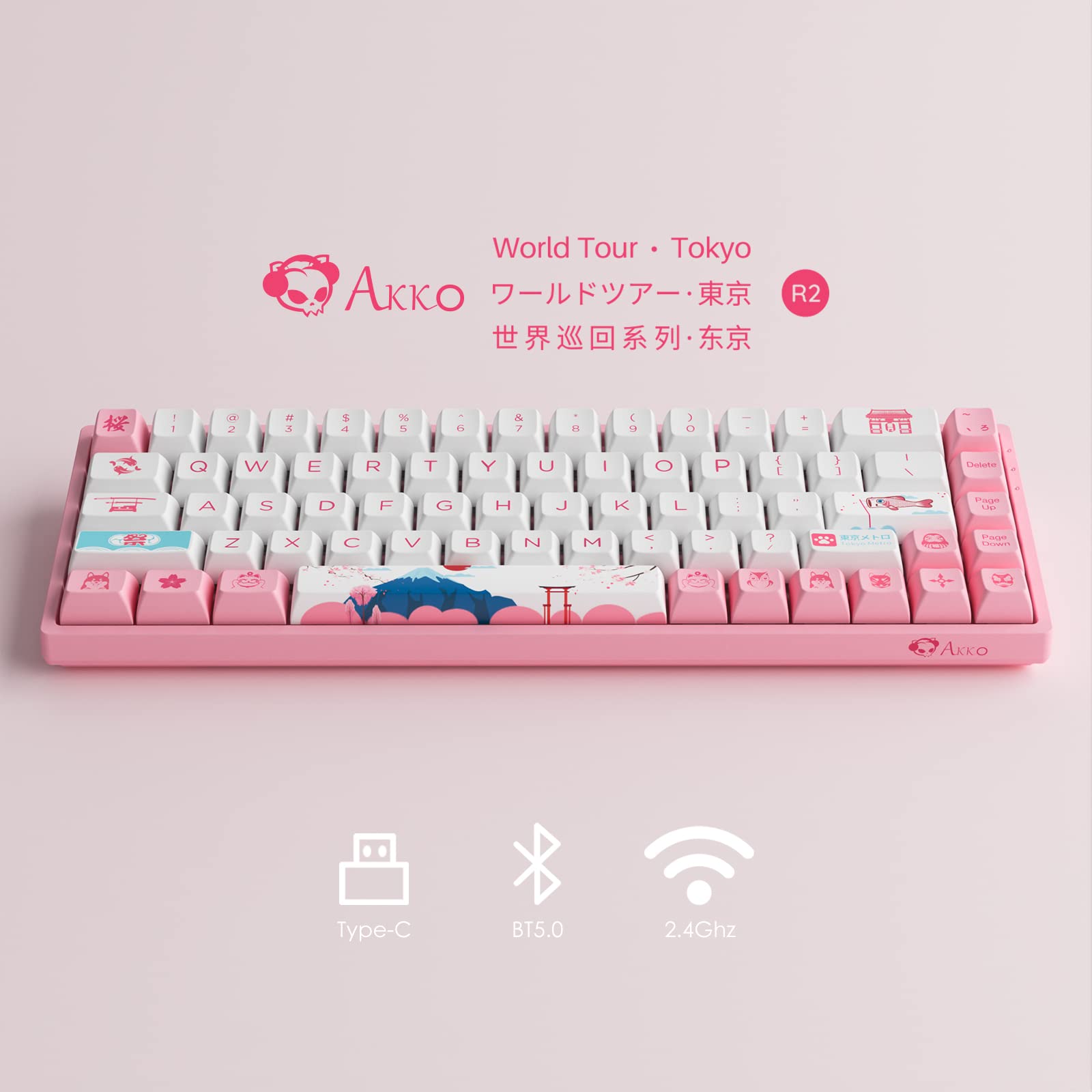 Akko 3068B Plus World Tour Tokyo R2 65% Percent 68-Key RGB Hot-swappable Mechanical Gaming Pink Keyboard, 2.4G Wireless/Bluetooth/Wired with PBT Dye-Sub Keycaps for Mac & Win Switch Jelly Pink